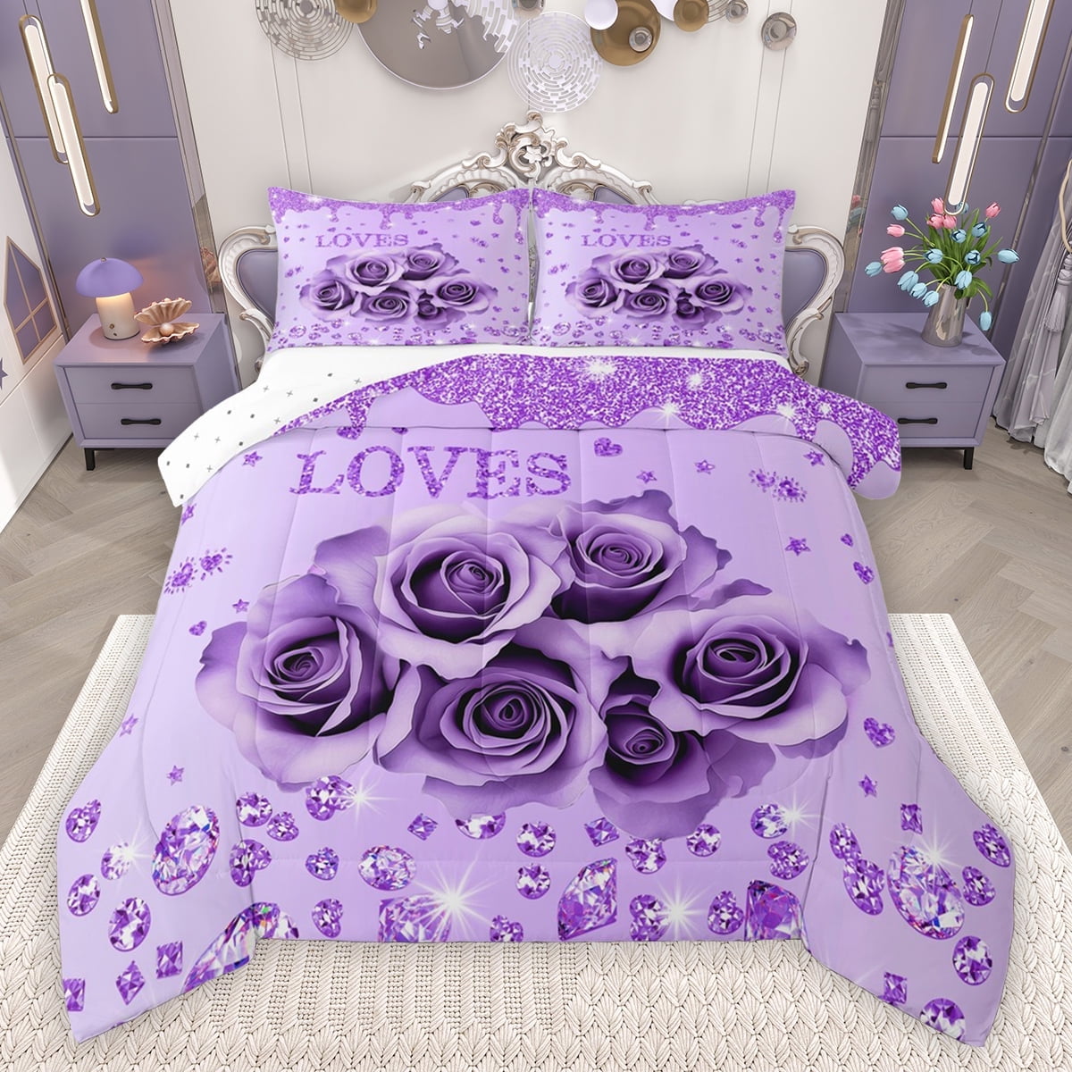 Feelyou Romantic Rose Flower Full Size Comforter Sets, Dreamy Sequin ...