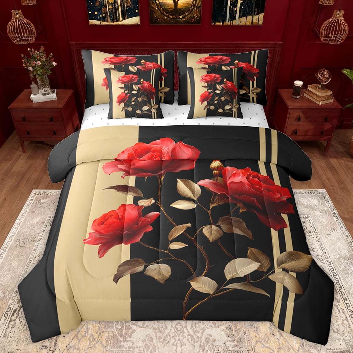 Feelyou Romantic Rose Women Bedding Comforter Set 7pcs, Couple ...