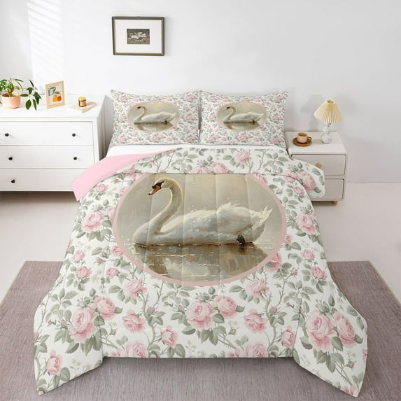 Feelyou Romantic White Swan Twin Comforter Sets, Spring Flower Bedding ...