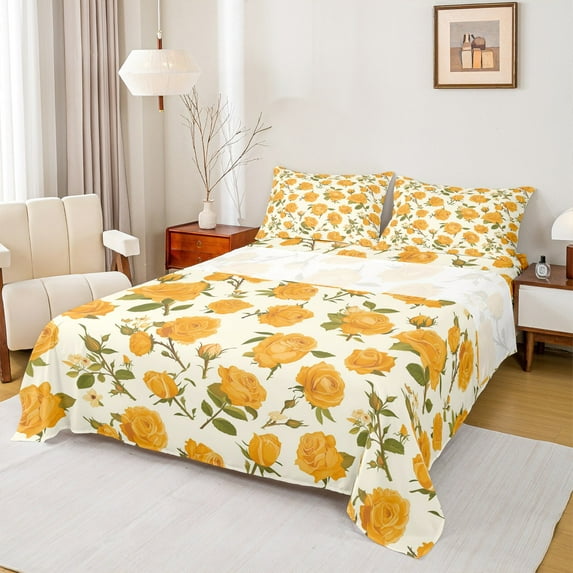 Feelyou Romantic Yellow Rose Bed Sheets, Rustic Flower Floral King ...