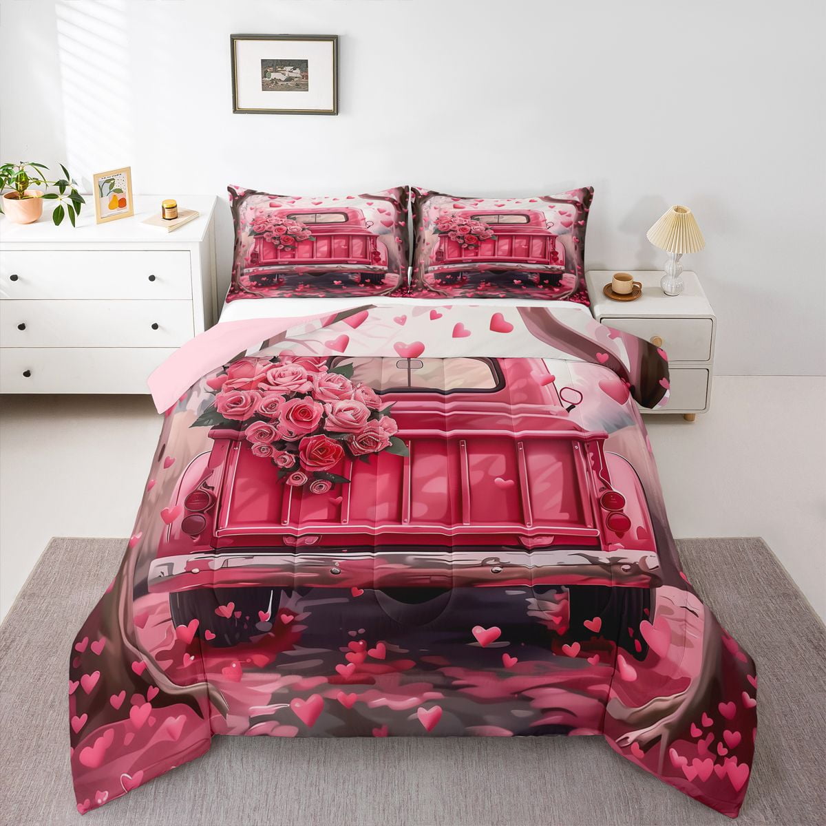 Feelyou Rose Flower Kids Twin Comforter Sets, Pink Romantic Truck ...