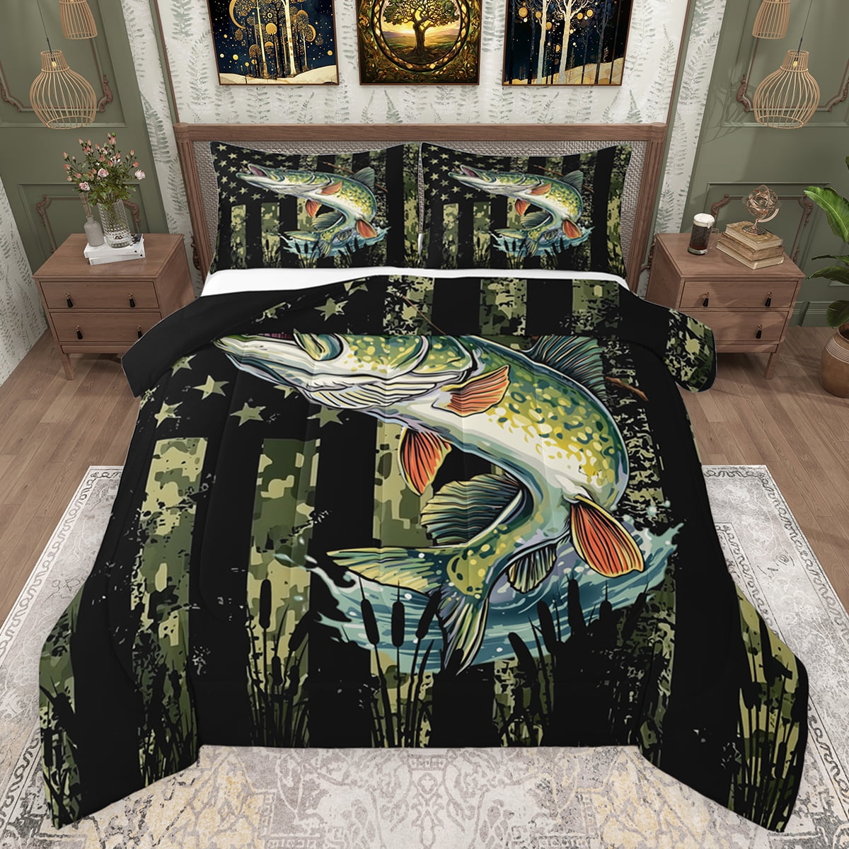 Feelyou Rustic Bass Fish Bedding Comforter Set, Green Camo American ...