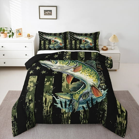 Feelyou Rustic Bass Fish Bedding Comforter Set, Green Camo American ...
