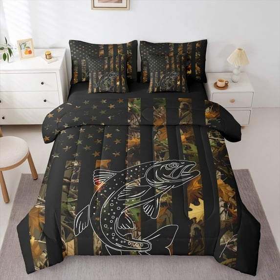 Feelyou Rustic Bass Fish Twin Bedding Sets 7-Piece for Men, Cano ...