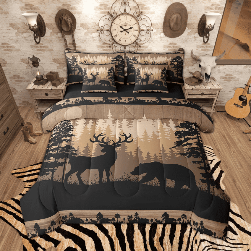 Feelyou Rustic Bear Deer Silhouette Bedding Comforter Set 7-Piece ...