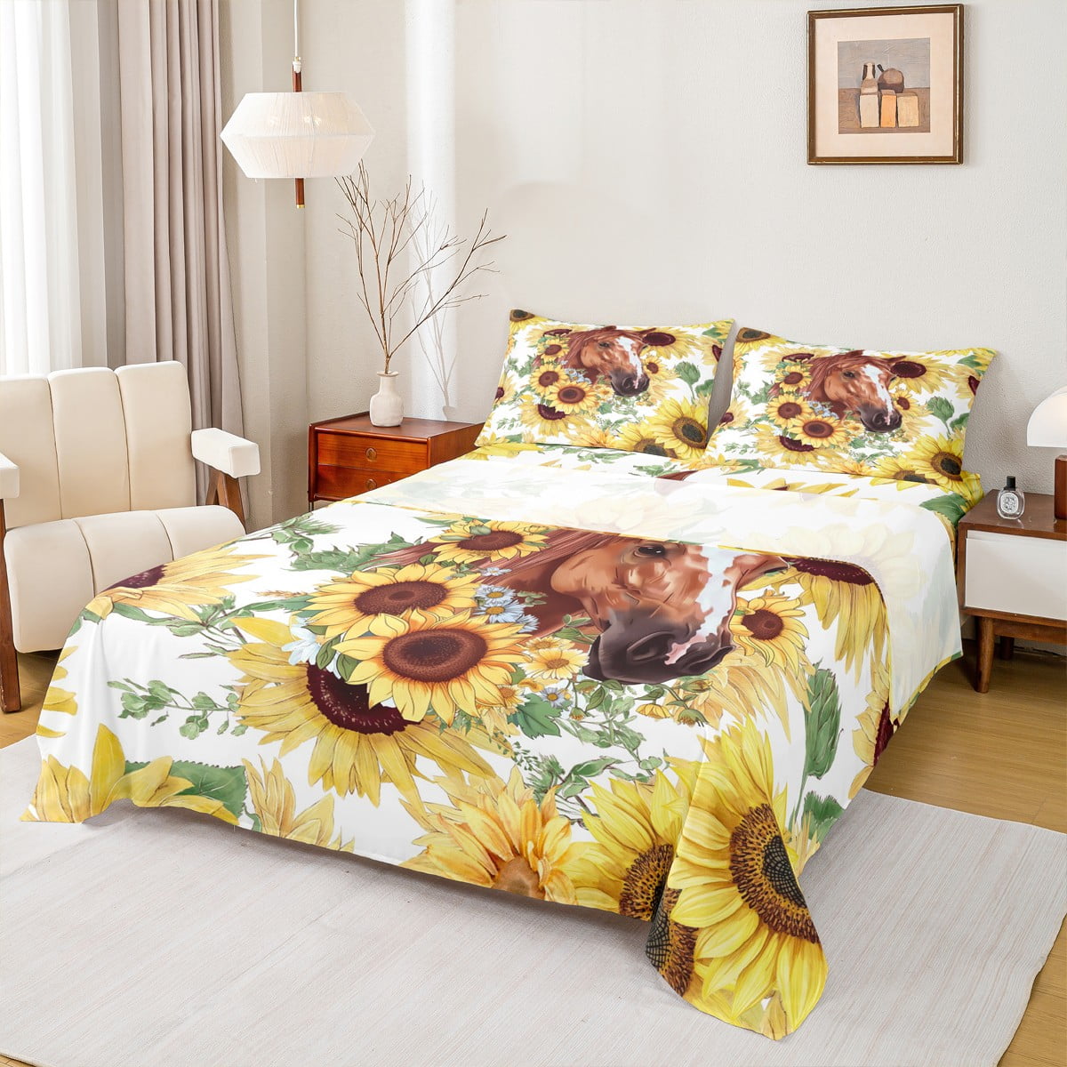 Feelyou Rustic Brown Horse Bed Sheets, Farmhouse Sunglower Floral King ...