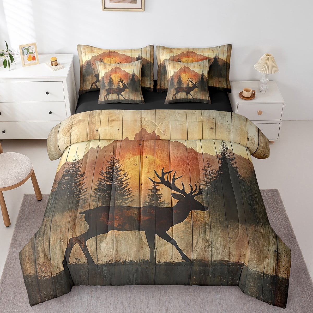Feelyou Rustic Deer Moose Bedding Comforter Set 7pcs for Teen, Jungle ...