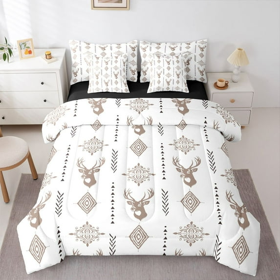 Feelyou Rustic Deer Moose Bedding Comforter Set 7pcs, White Boho Aztec ...