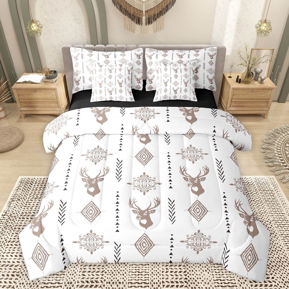 Feelyou Rustic Deer Moose Bedding Comforter Set 7pcs, White Boho Aztec ...
