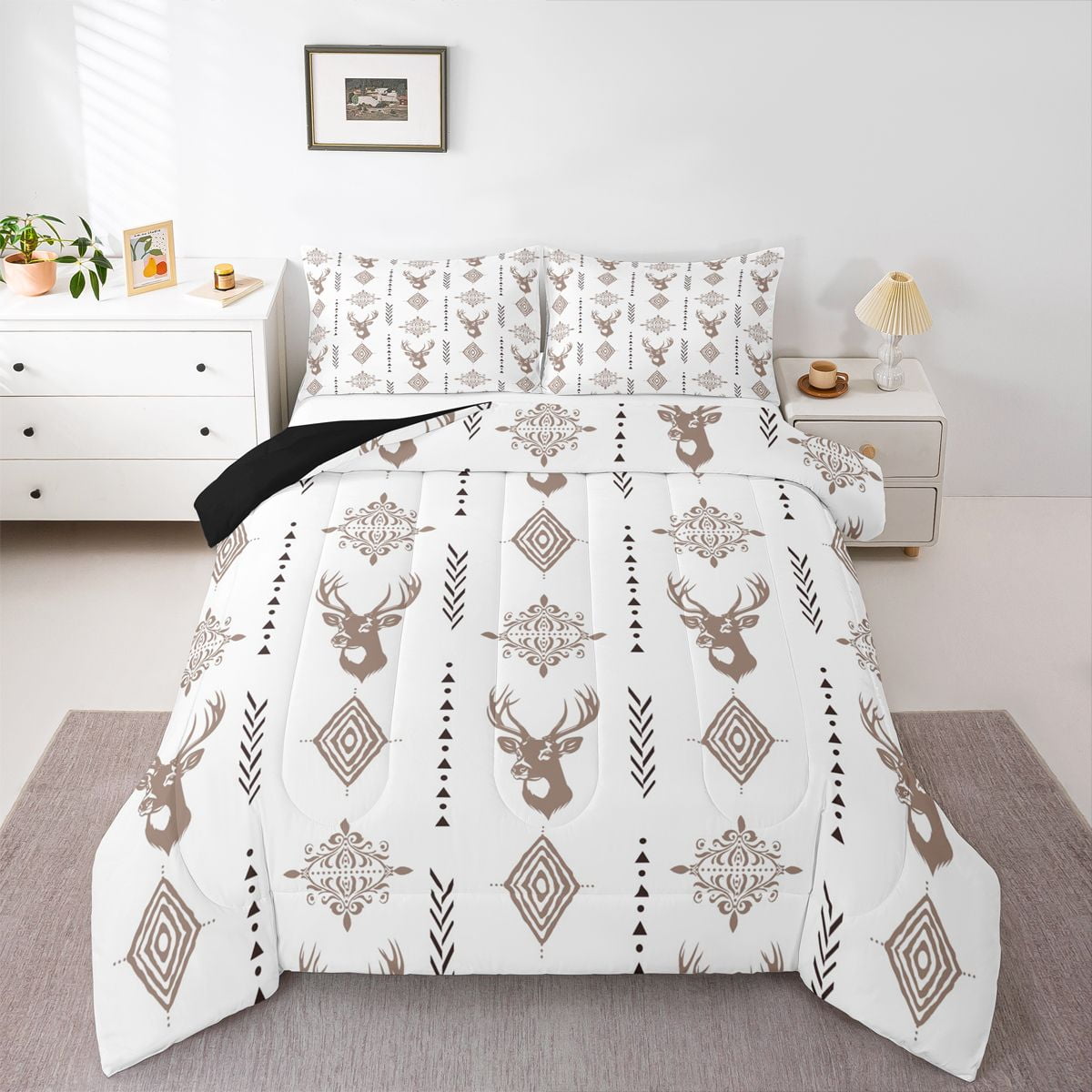 Feelyou Rustic Deer Moose Teen Queen Comforter Set, White Boho Aztec ...