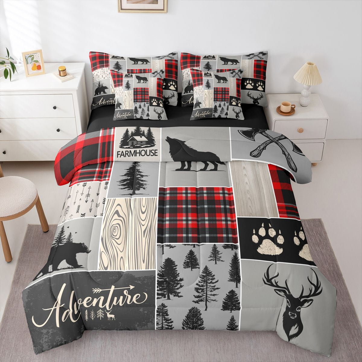 Feelyou Rustic Farmhouse Bedding Comforter Set 7-Piece, Retro Plaid ...