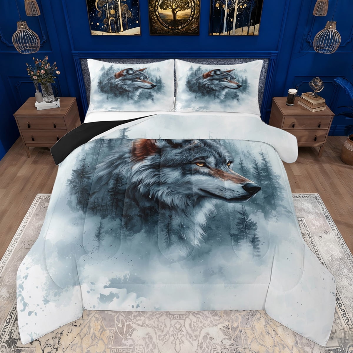 Feelyou Rustic Grey Wolf Full Size Comforter Sets, Watercolor Tree ...