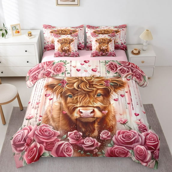 Feelyou Rustic Highland Bull Comforter Set 7pcs, Romantic Pink Rose ...