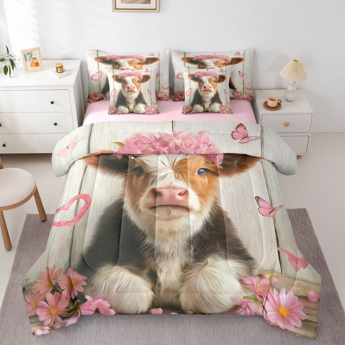 Feelyou Rustic Highland Cow Comforter Set 7pcs, Pink Butterfly Flower ...