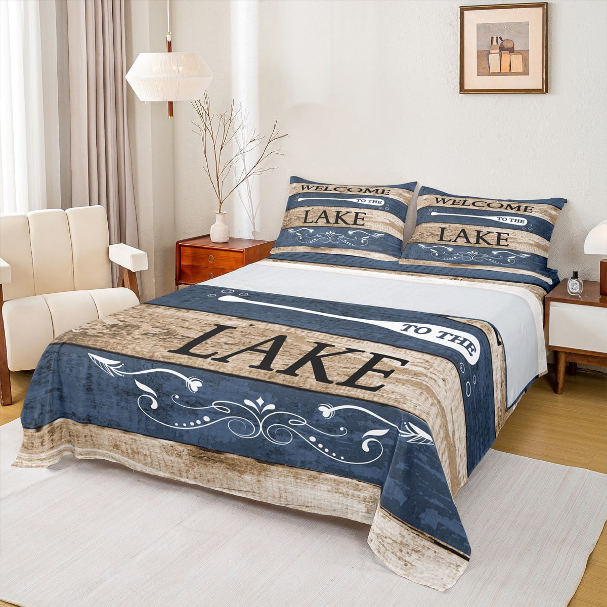Feelyou Rustic Lake House Full Size Sheets, Vintage Navy Brown Barn ...
