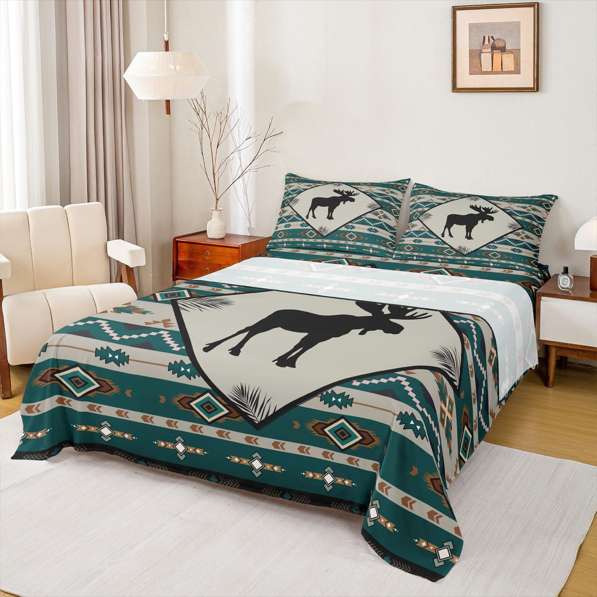 Feelyou Rustic Moose Elk Bed Sheets, Retro Aztec Triangle King Sheets ...