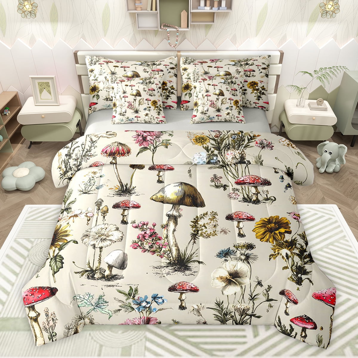 Feelyou Rustic Mushroom Print Bedding Comforter Set 7 Pieces, Jungle ...