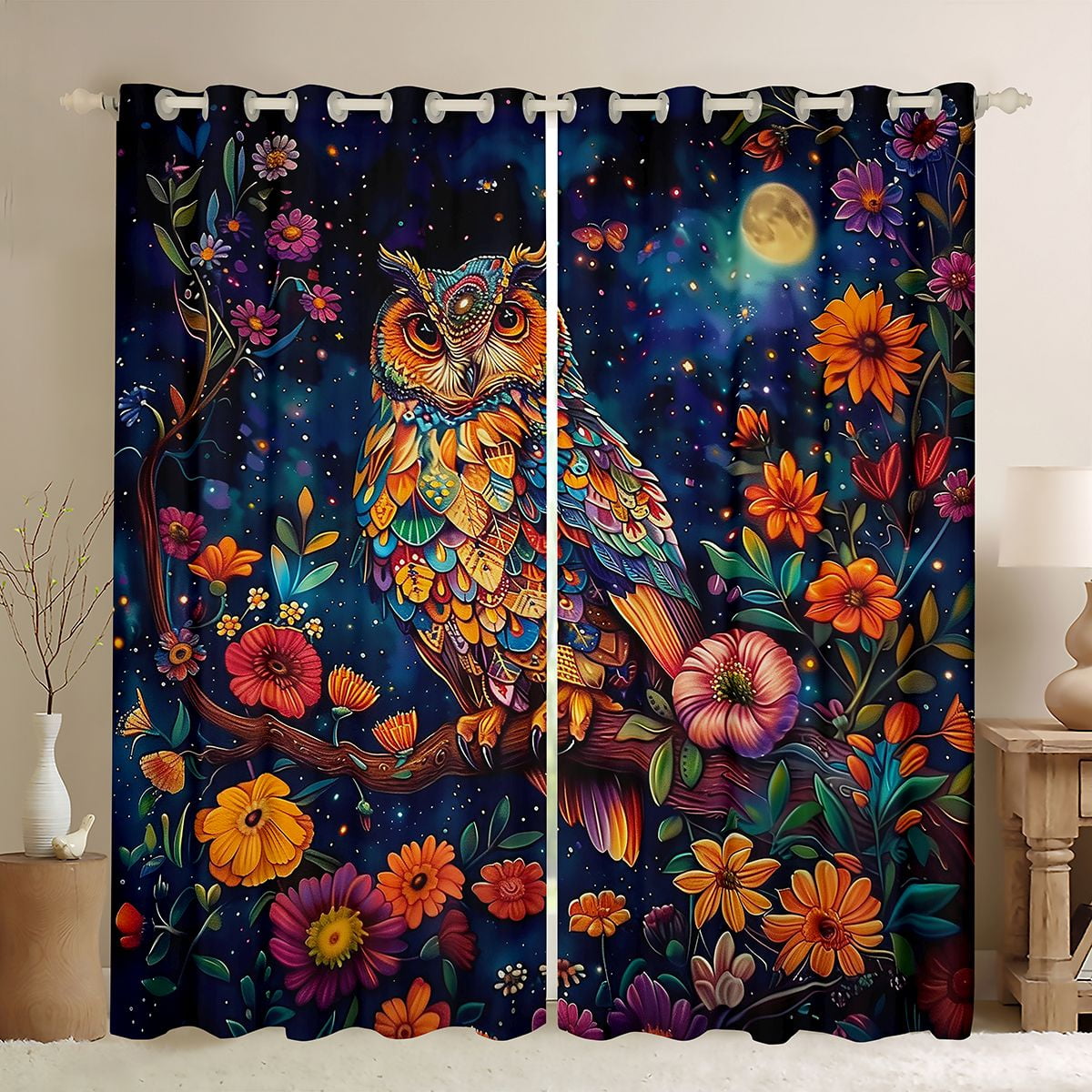 Feelyou Rustic Owl Flower Blackout Curtains Set of 2 (52x84 Each ...