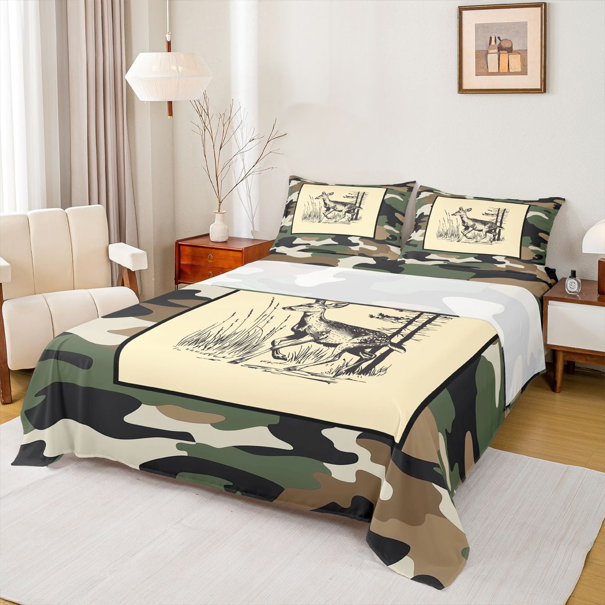 Feelyou Rustic Wildlife Deer Twin Sheet Sets, Green Camo Abstract ...