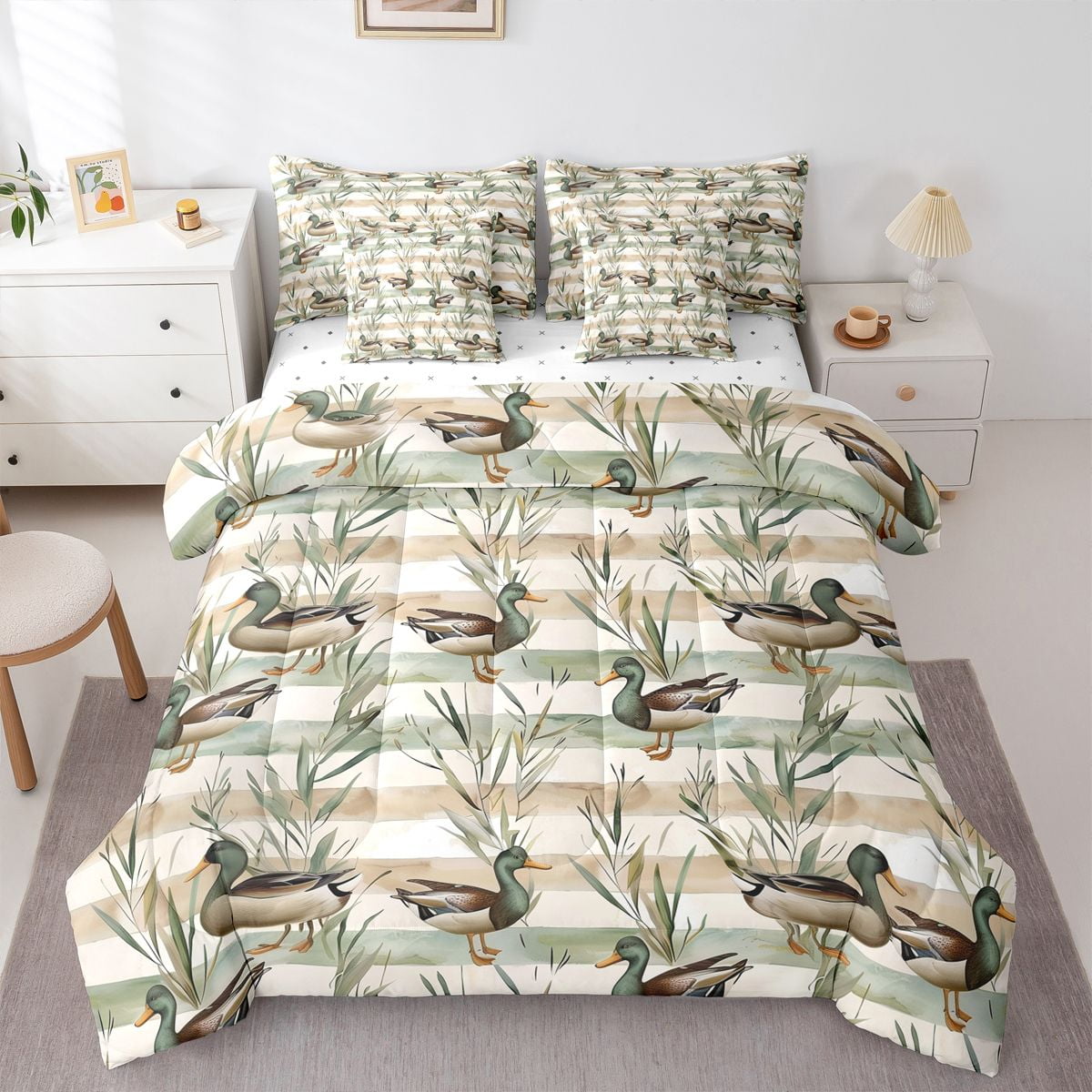 Feelyou Rustic Wildlife Duck Comforter Set 7pcs, Retro Stripes Lines ...