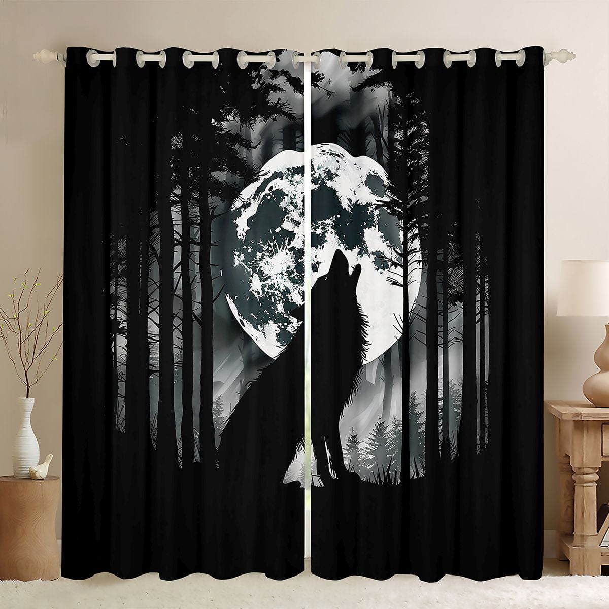 Feelyou Rustic Wolf Animal Curtains Pack of 2 (42x84 Each), Moon Galaxy ...