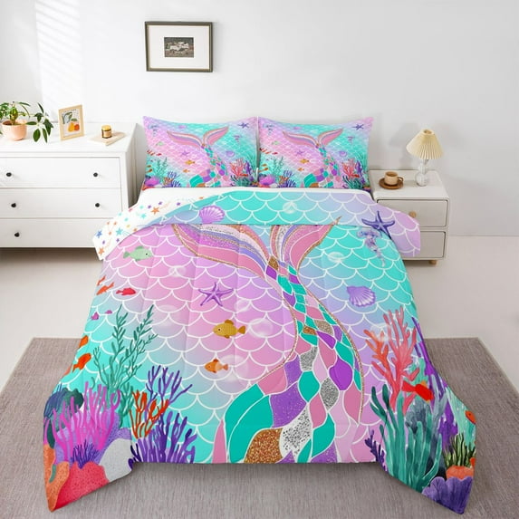Feelyou Sea Mermaid Princess Queen Comforter Set, Blue Pink Fish Scale ...