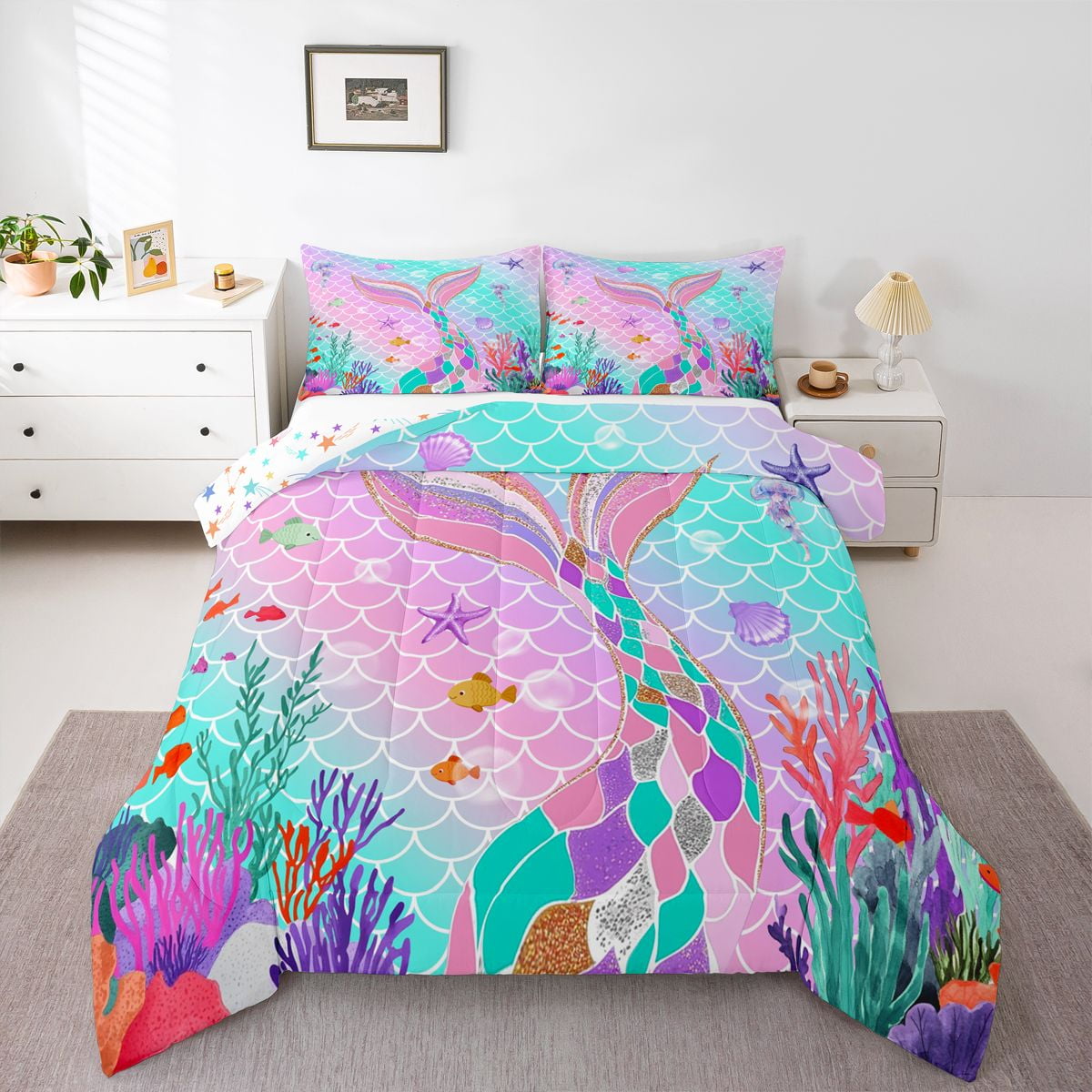 Feelyou Sea Mermaid Princess Twin Comforter Sets, Blue Pink Fish Scale ...