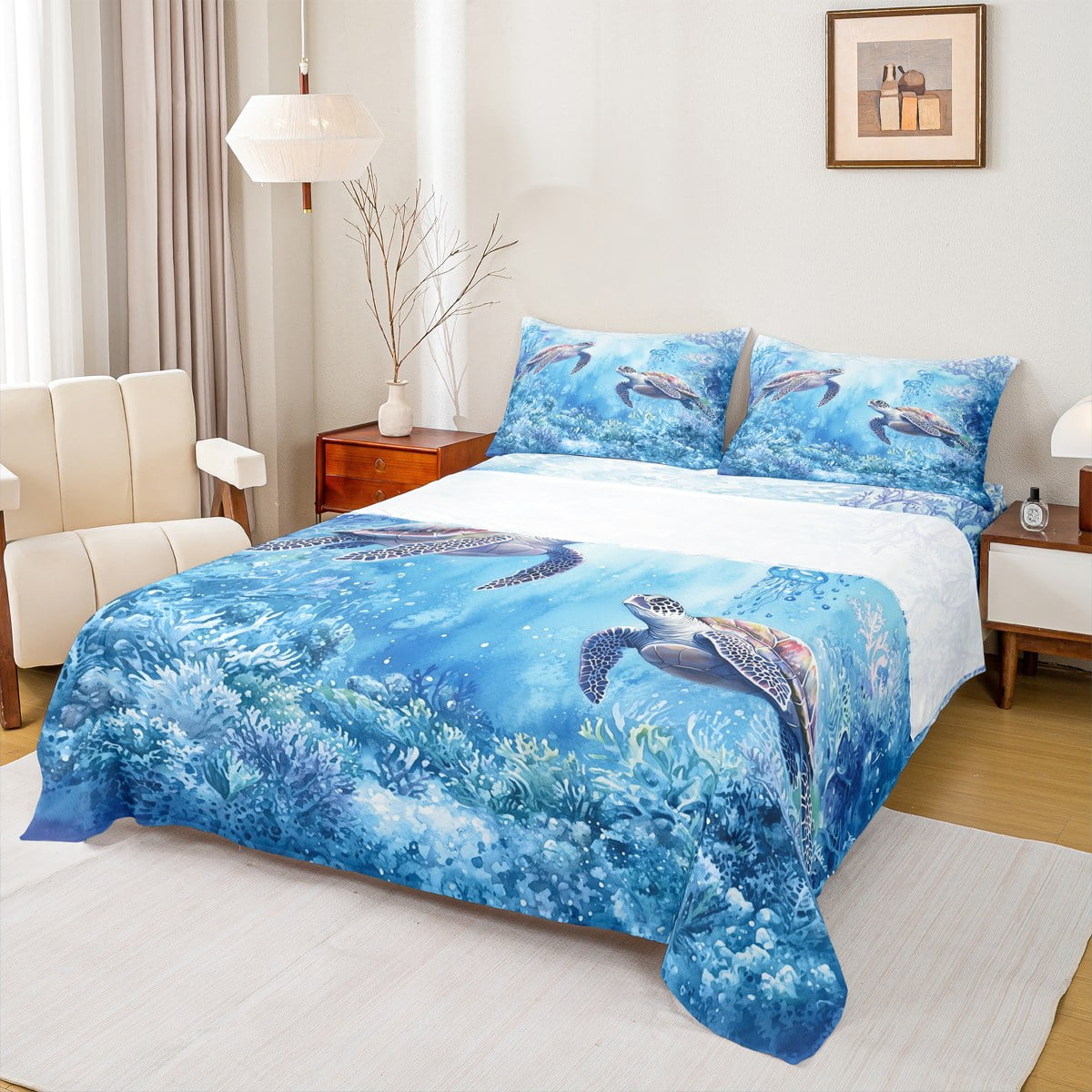 Feelyou Sea Turtle Bed Sheets, Ocean Wildlife King Sheets, Marine Coral ...