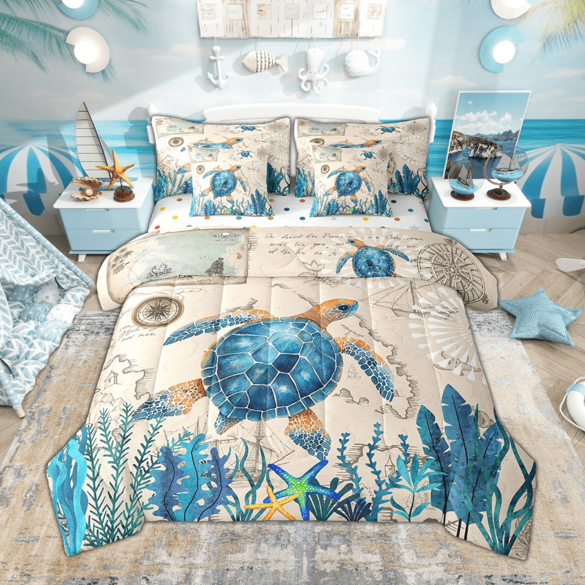 Feelyou Sea Turtle Bedding Comforter Set 7pcs, Ocean Marine Animal ...