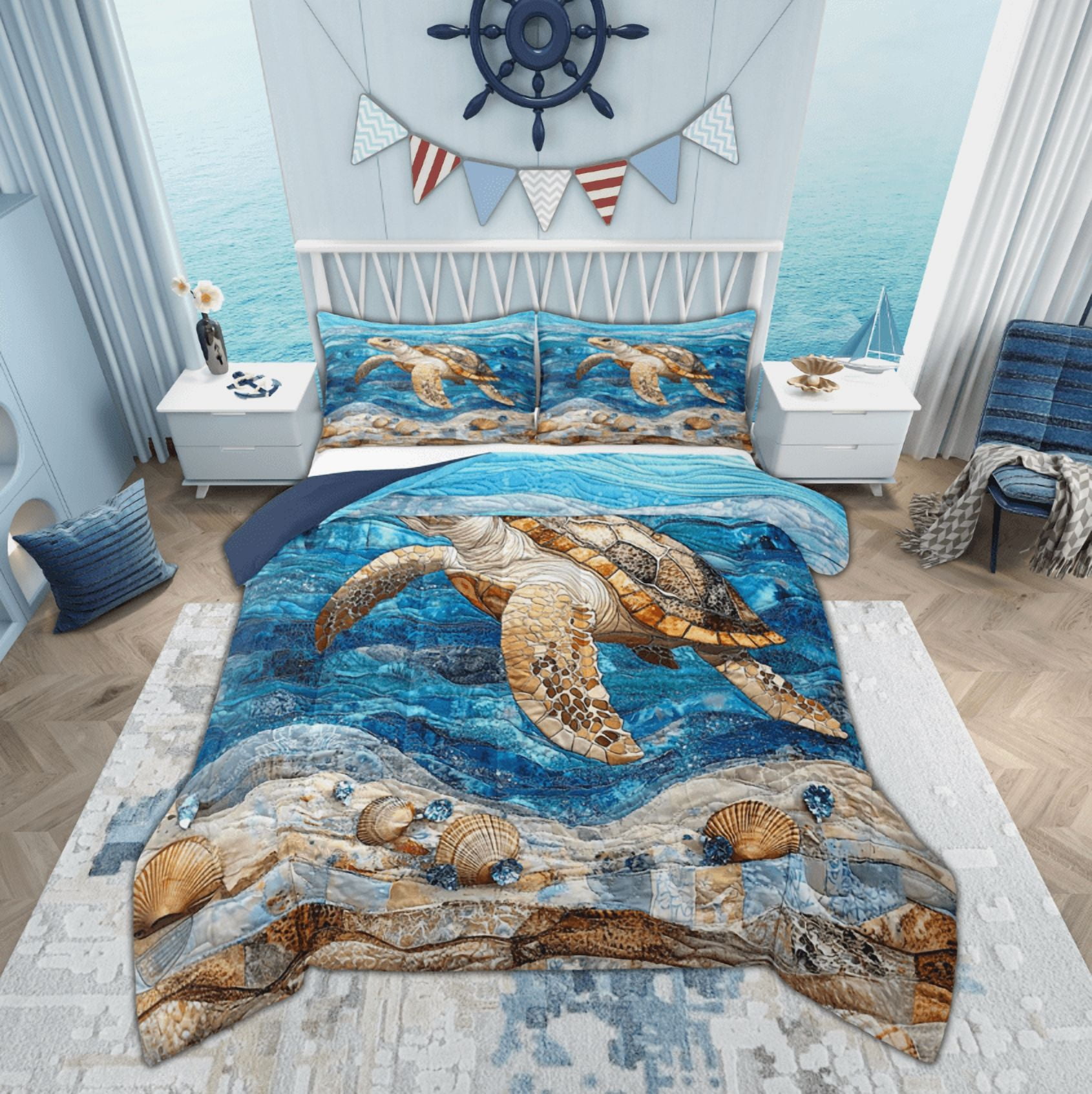 Feelyou Sea Turtle Bedding Comforter Set for Teens, Vintage Boho Ocean ...