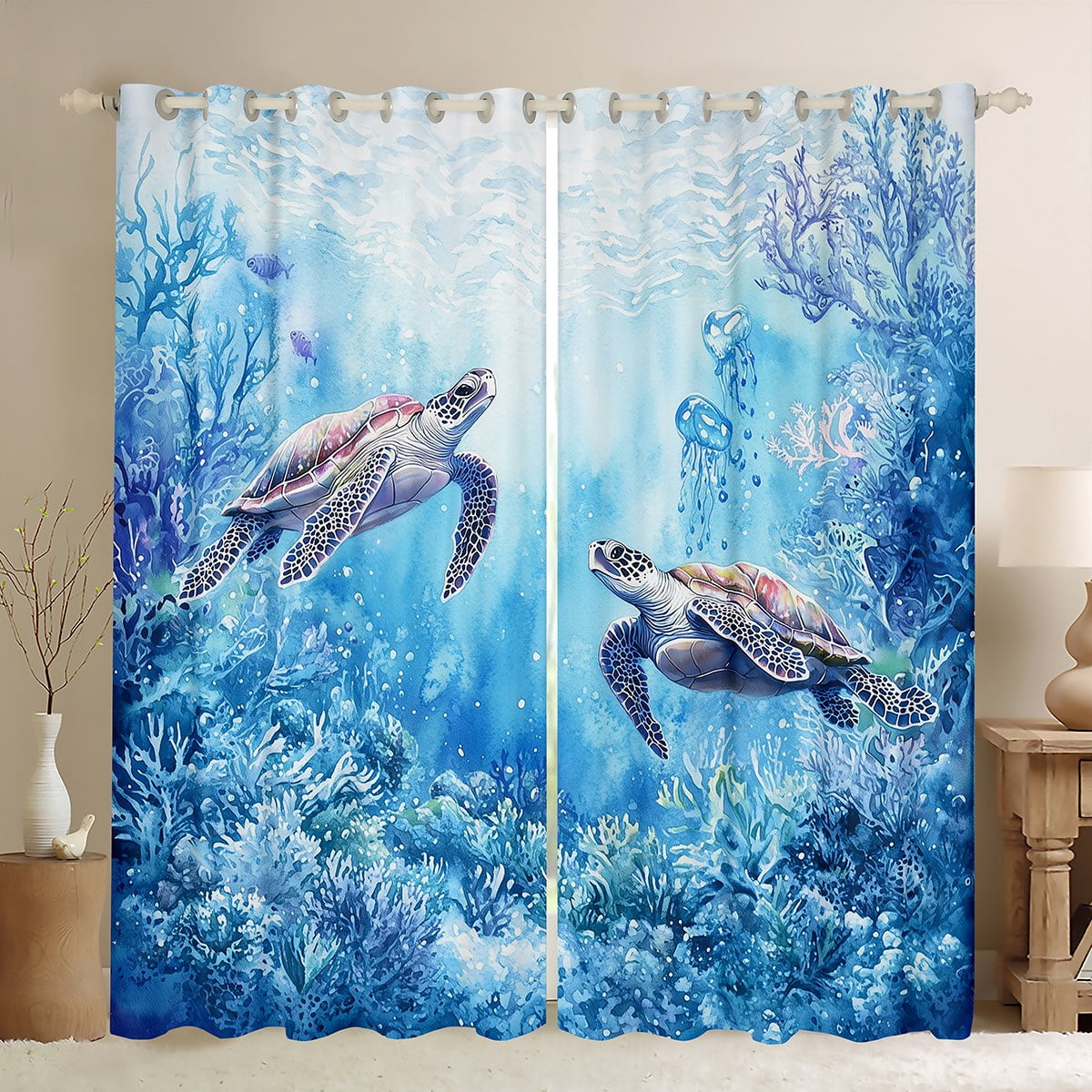 Feelyou Sea Turtle Curtains Pack of 2 (42x84 Each), Ocean Wildlife ...