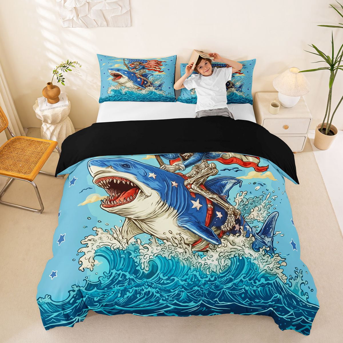 Feelyou Skeleton Riding Shark Queen Duvet Cover Set for Kids Boys, US ...