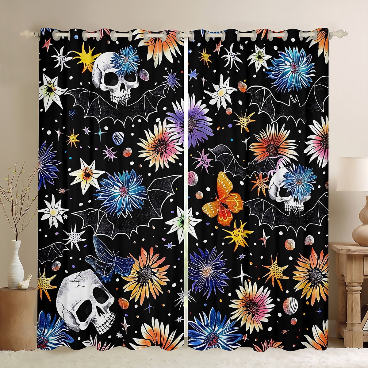 Feelyou Skeleton Skull Blackout Curtains Set of 2 (52x84 Each), Vintage ...
