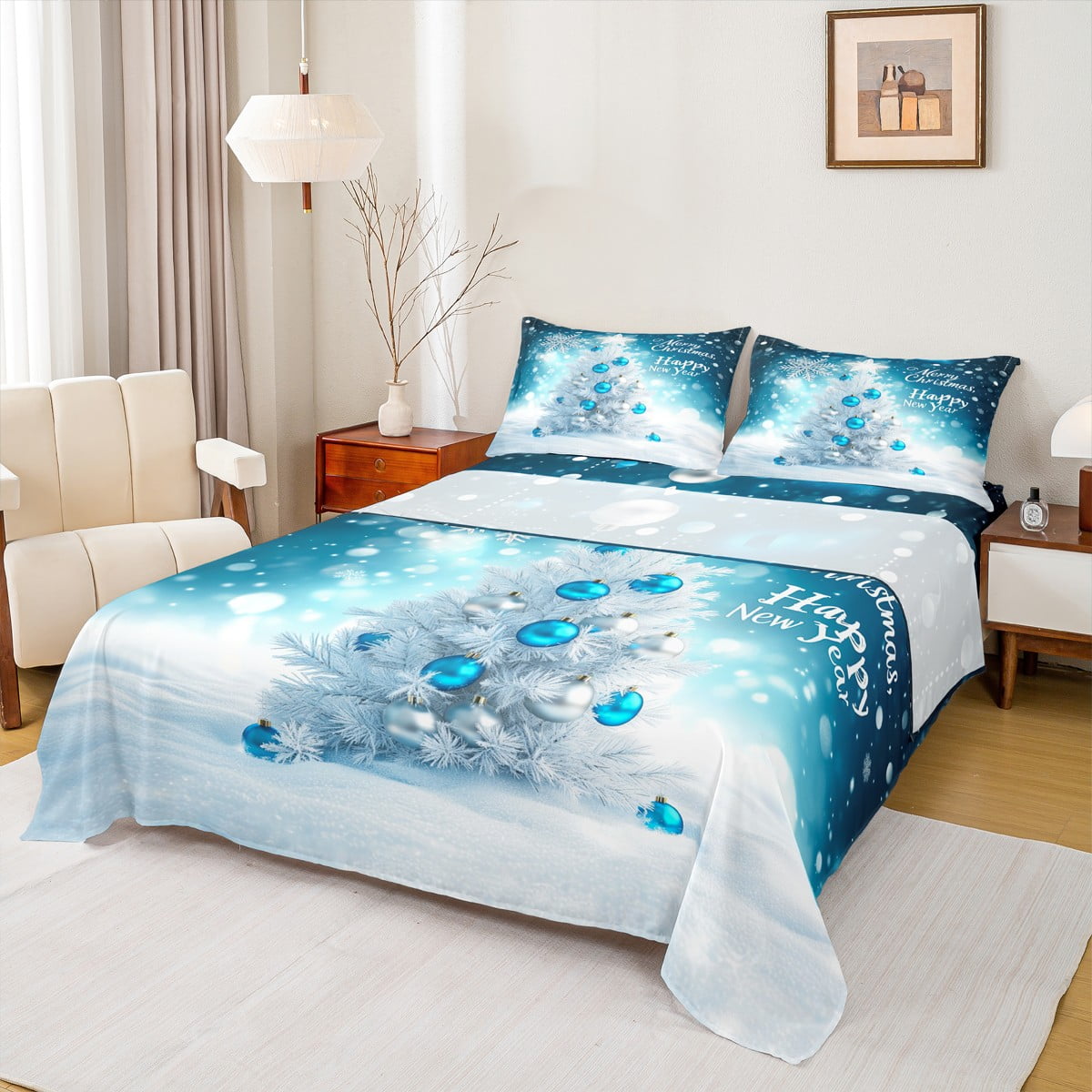 Feelyou Snowflake Tree Bed Sheets, Happy New Year King Sheets, Blue ...