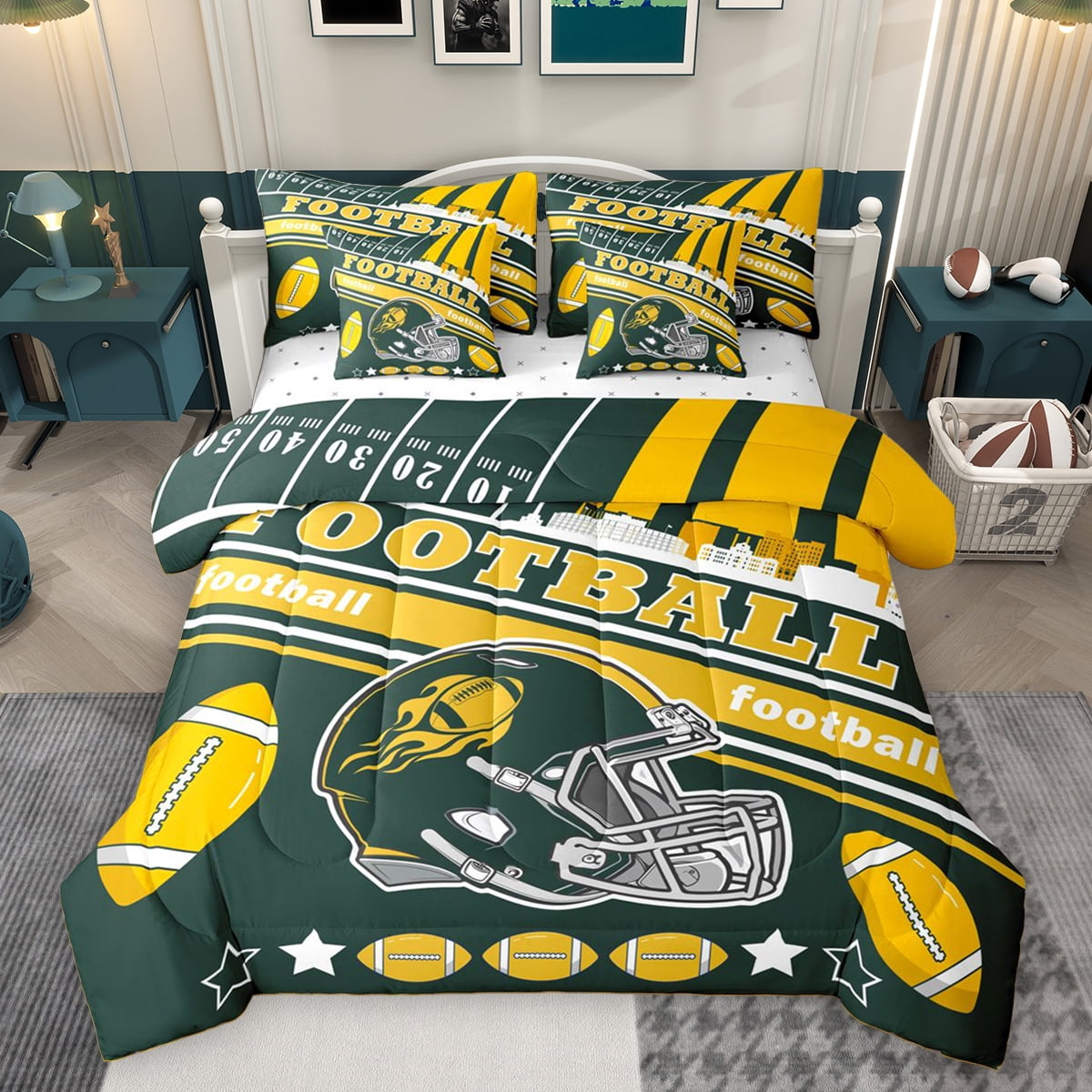 Feelyou Soccer Sport Lover Bedding Comforter Set 7pcs, Teal Gold Rugby ...