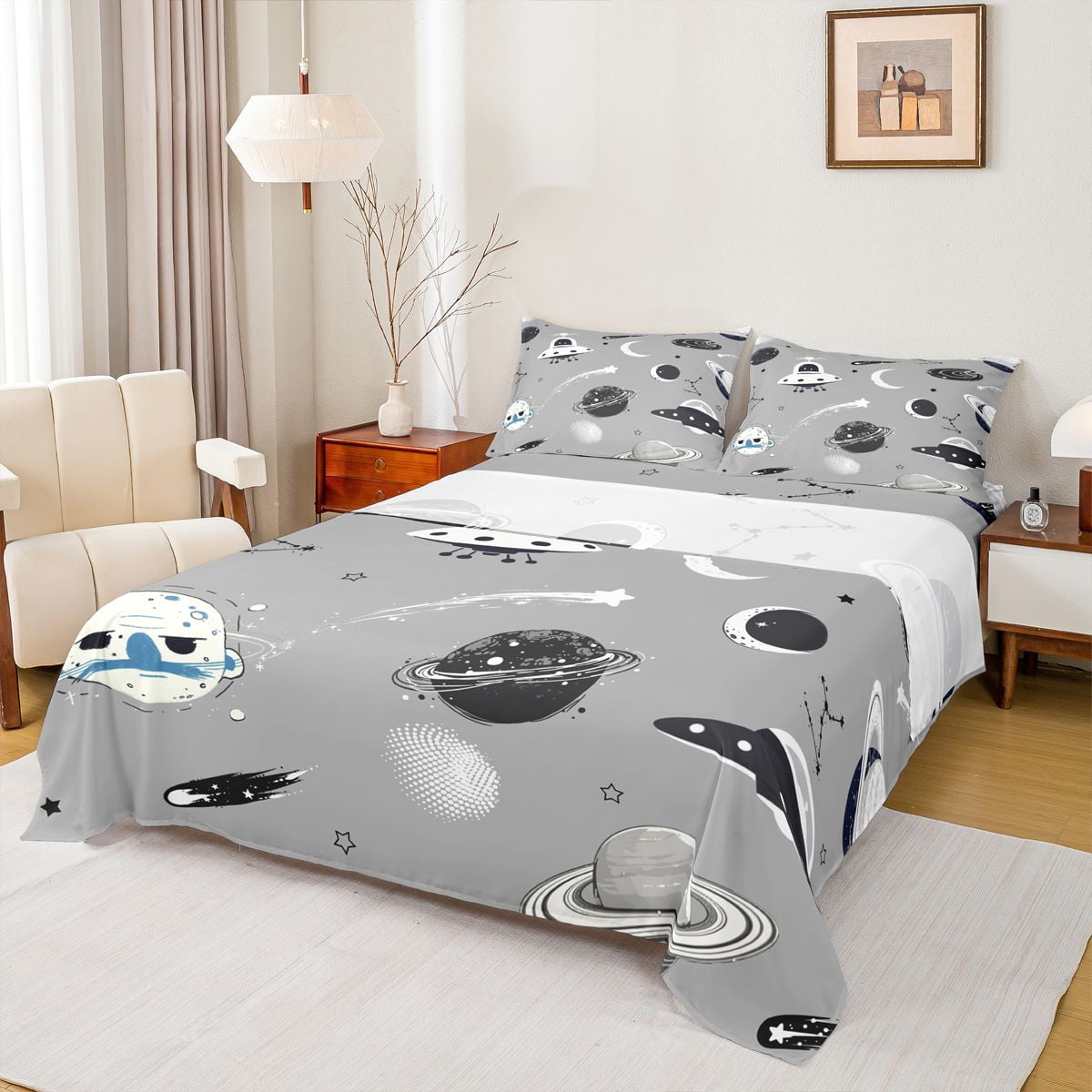 Feelyou Spaceship Boys Queen Sheet Sets, Grey Cartoon Planet Bed Set, 4 ...