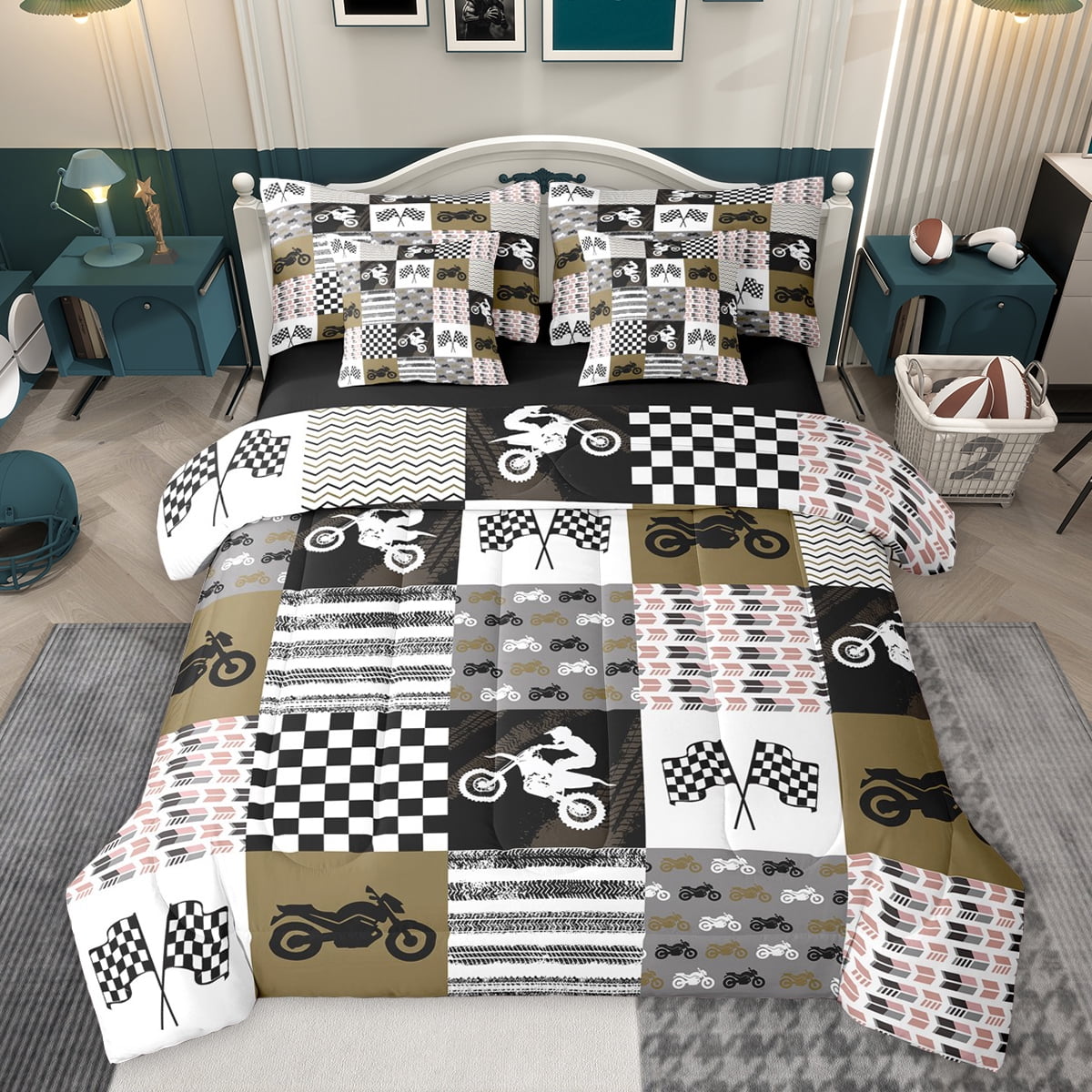Feelyou Speed Sport Motorcycle Bedding Comforter Set 7pcs, Check Plaid ...