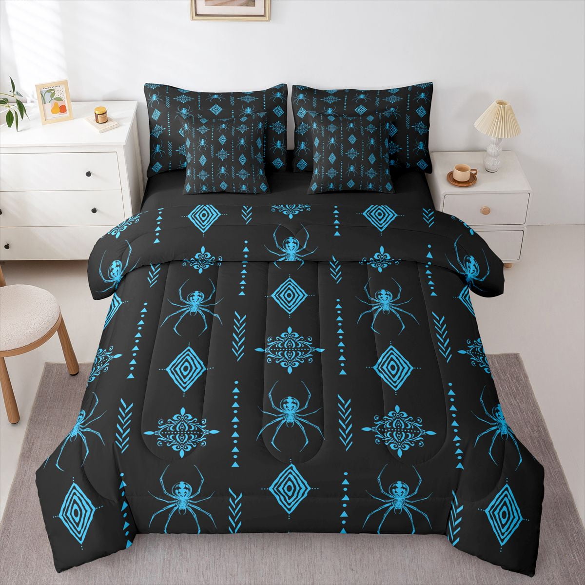 Feelyou Spooky Spider Twin Bedding Sets 7pcs, Black Blue Boho Aztec ...