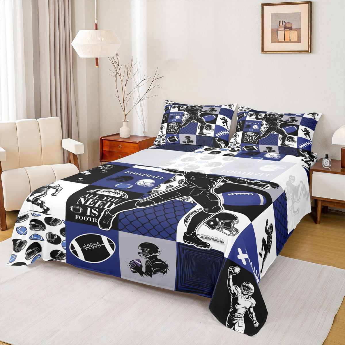 Feelyou Sport Football Queen Sheets for Boys, Navy Grid Helmet Queen ...