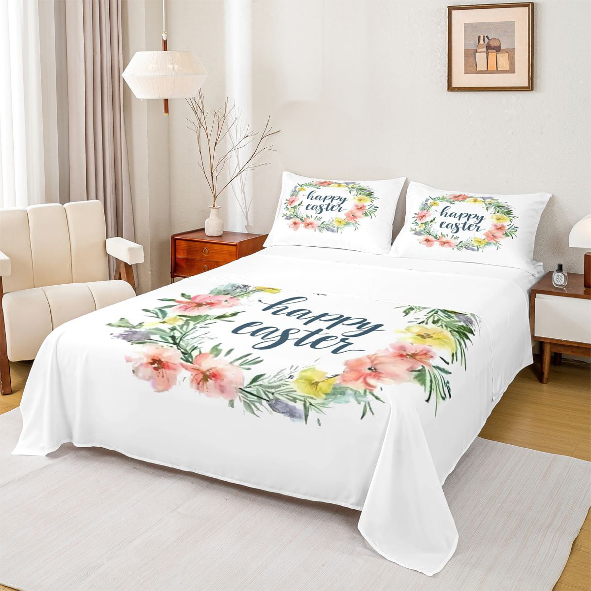 Feelyou Spring Flower Floral Full Size Sheets, Happy Easter Bed Sheets, Modern Western Festival ...