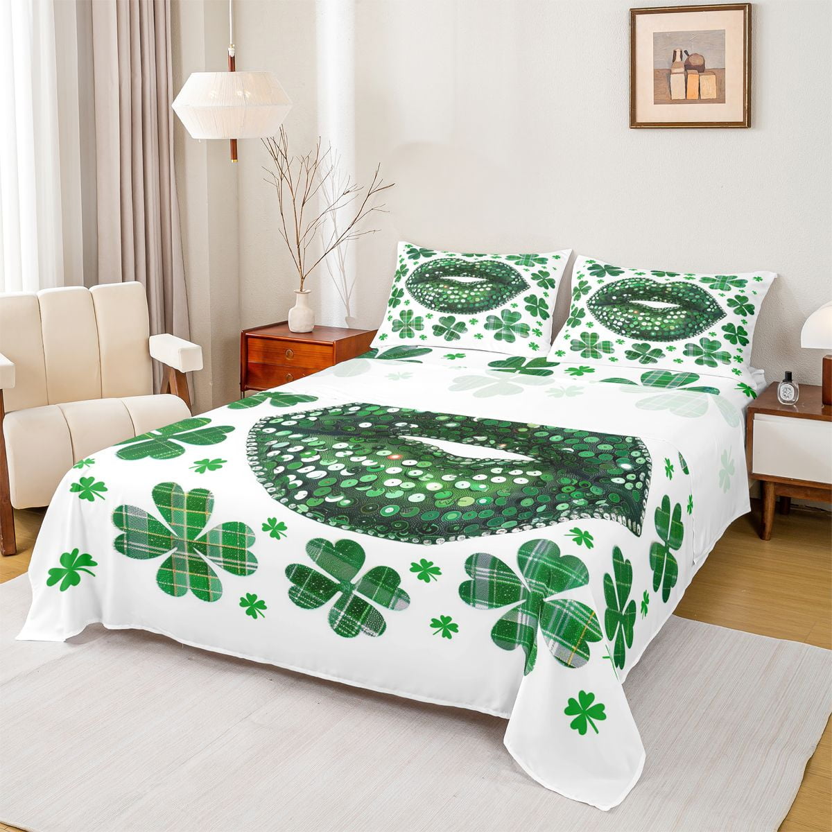 Feelyou Spring Lucky Shamrock Bed Sheets, Green Fashion Lips King ...
