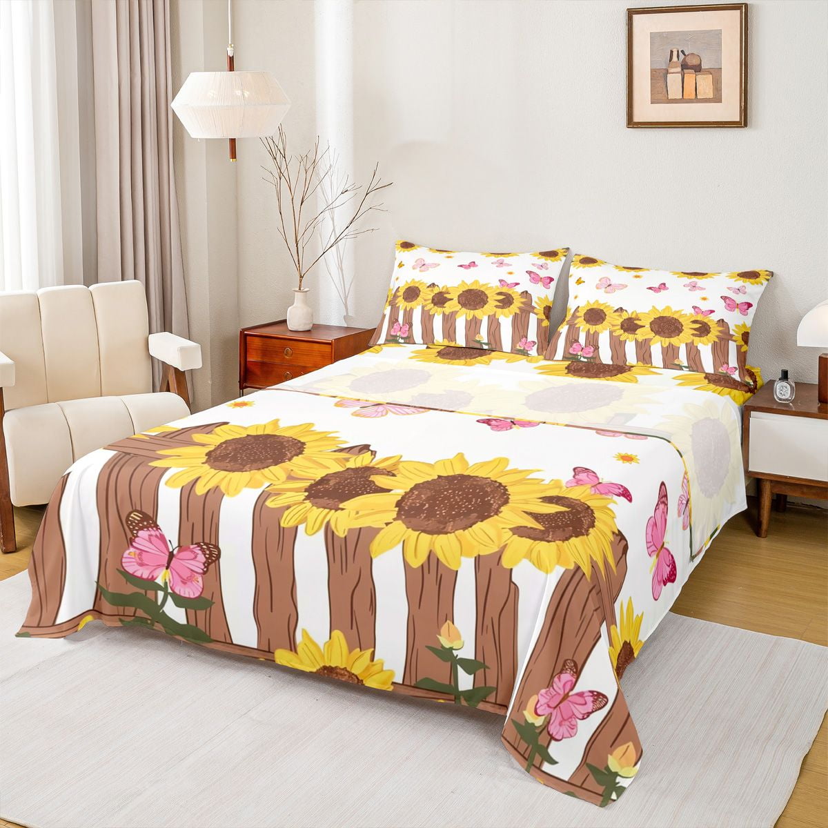Feelyou Spring Rustic Sunflower Full Size Sheets, Kawaii Butterfly ...