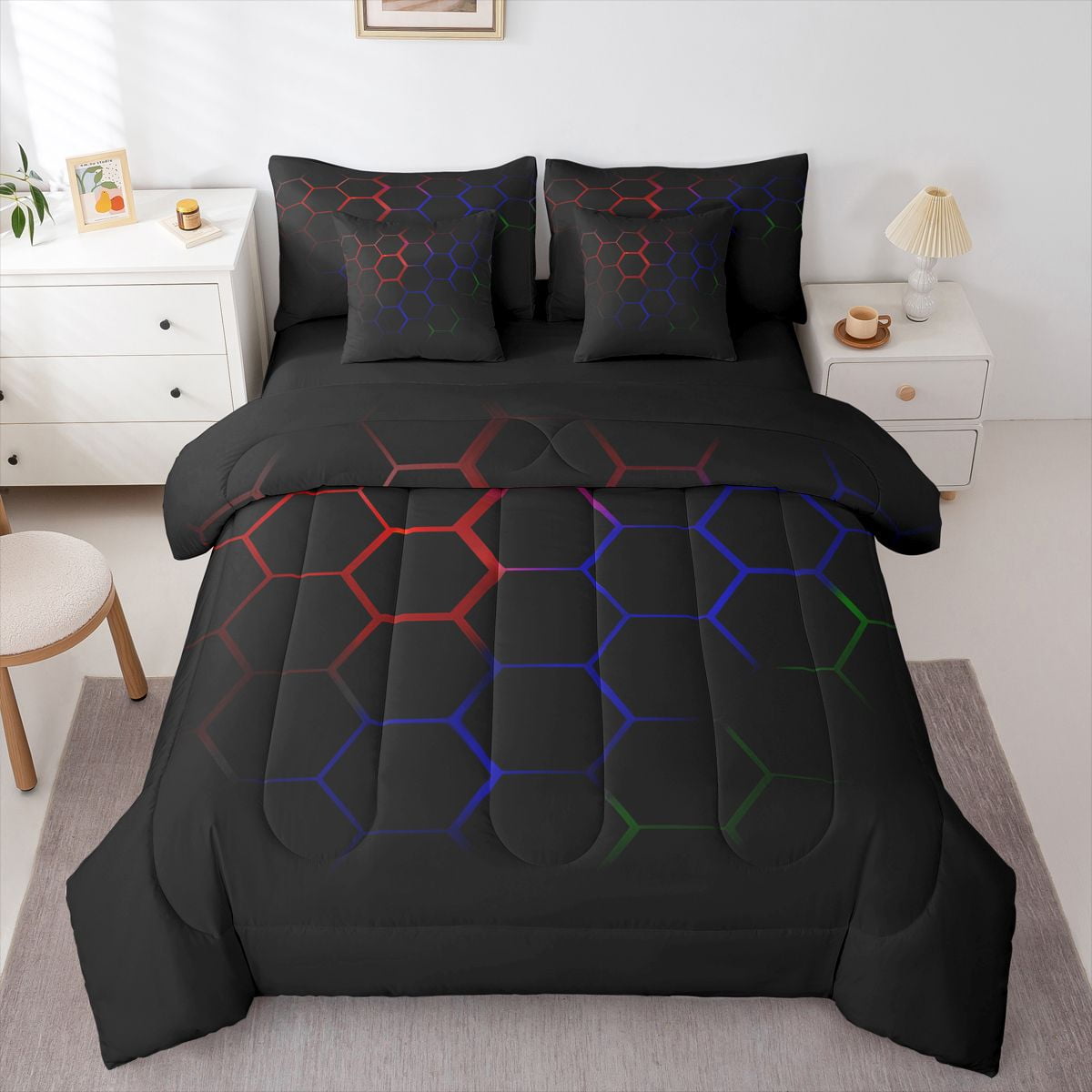 Feelyou Square Abstract Bedding Comforter Set 7pcs, Red Blue Honeycomb ...