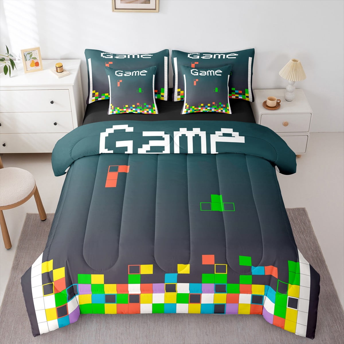 Feelyou Square Abstract Kids Bedding Comforter Set 7pcs, Pixelated ...