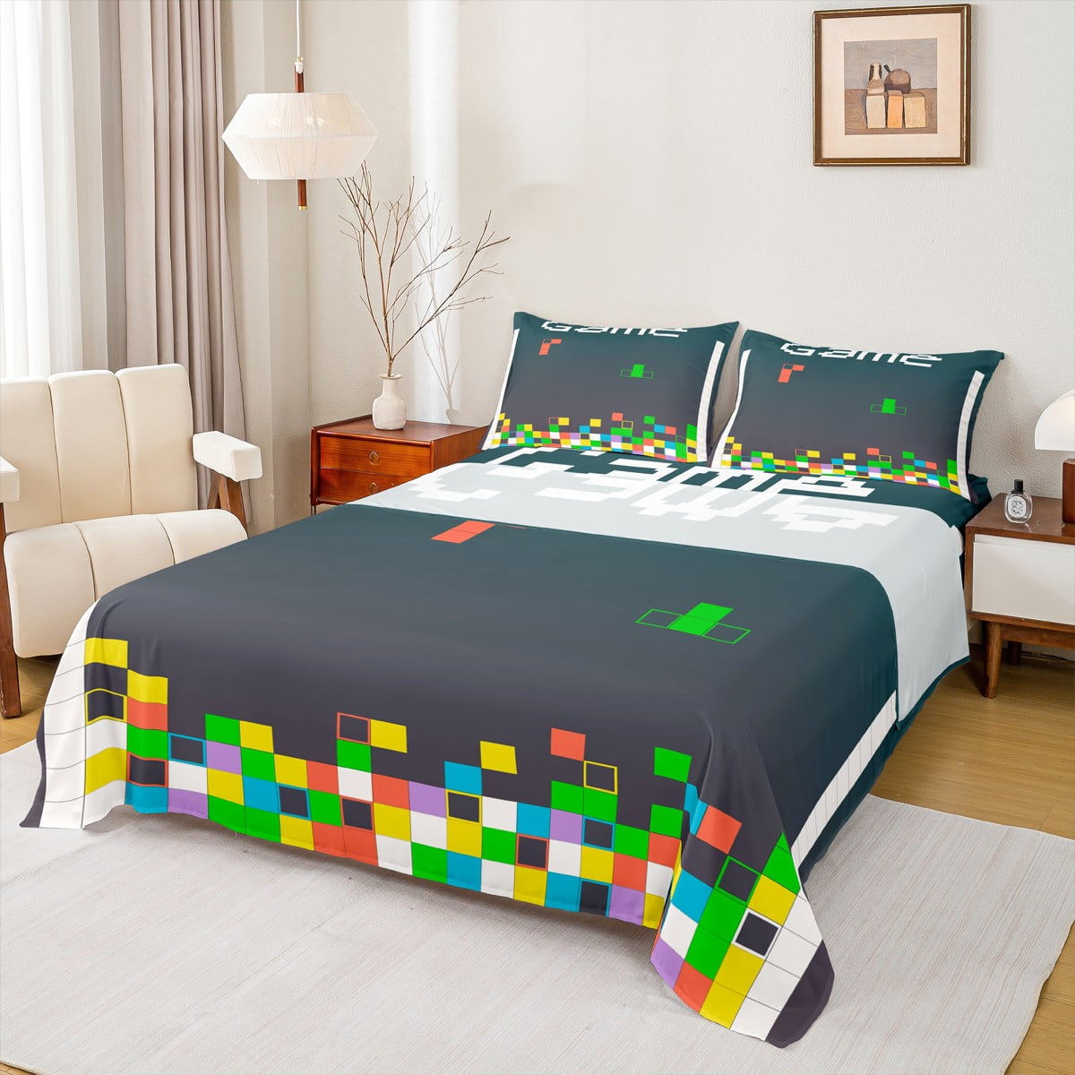 Feelyou Square Abstract Kids Full Size Sheets, Pixelated Blocks Miners ...
