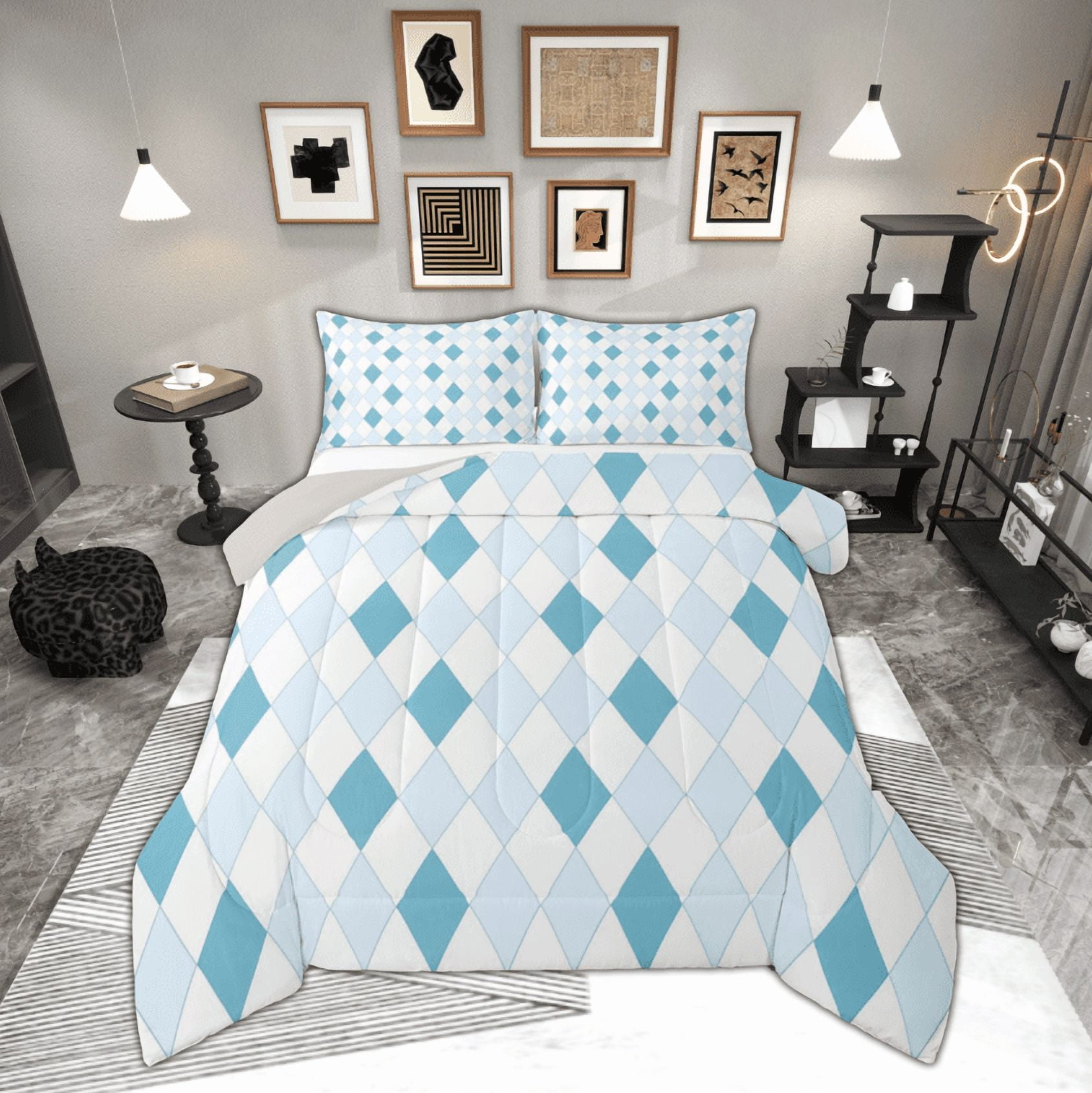 Feelyou Square Checkered Queen Comforter Set, Fashion Geometric Bedding ...