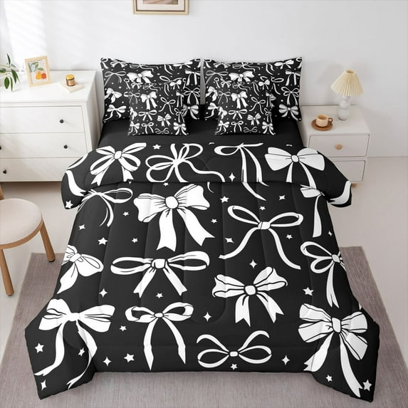 Feelyou Stars Bowknot Twin Bedding Sets 7-Piece, Black White Cartoon ...