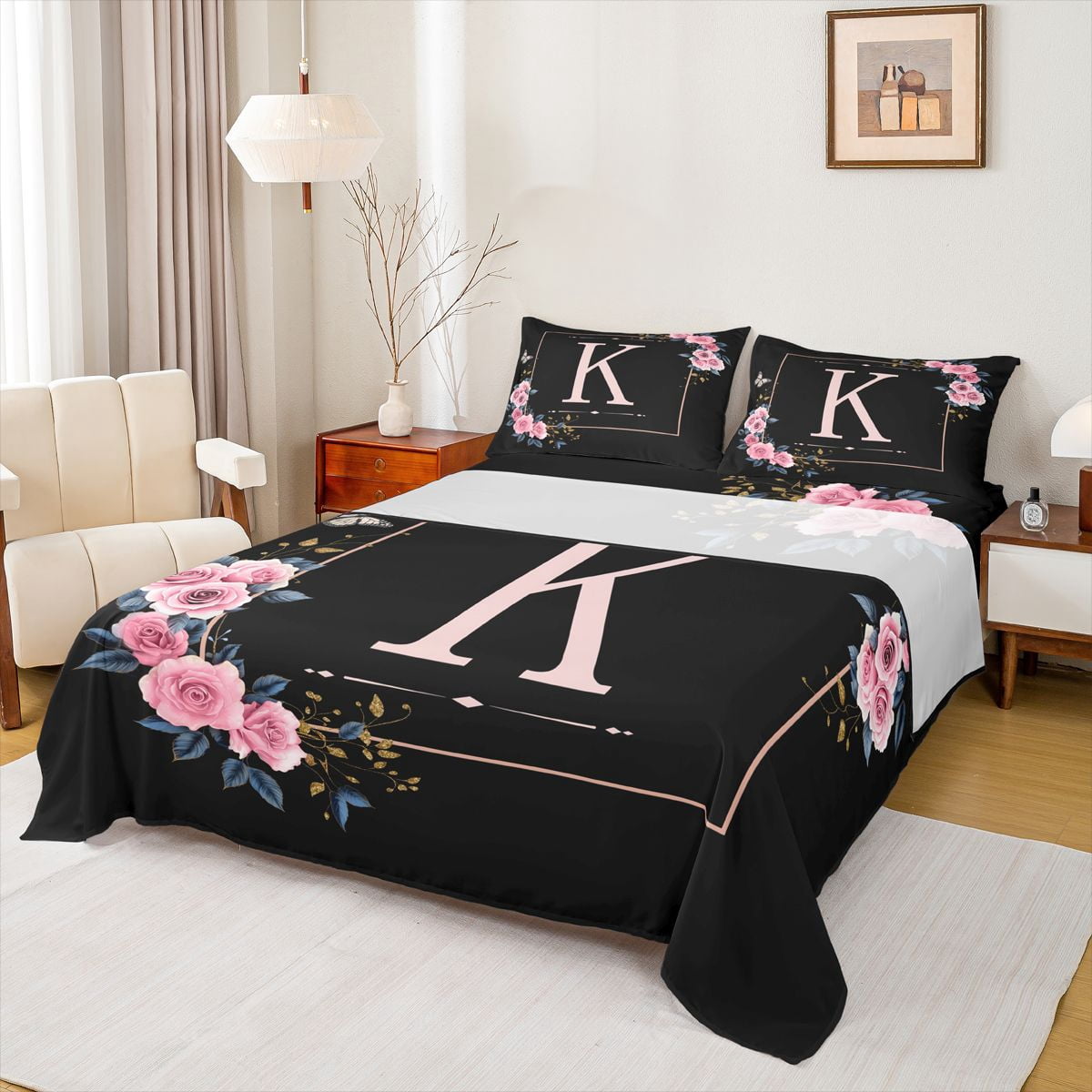 Feelyou Stripes Letter K Bed Sheets for Girls, Pink Rose Flower ...