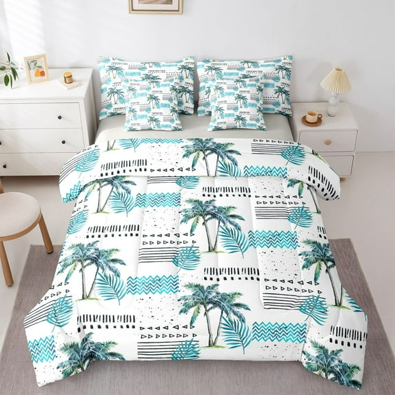 Feelyou Summer Coconut Tree Comforter Set 7pcs, Cyan Stripes Lines King ...