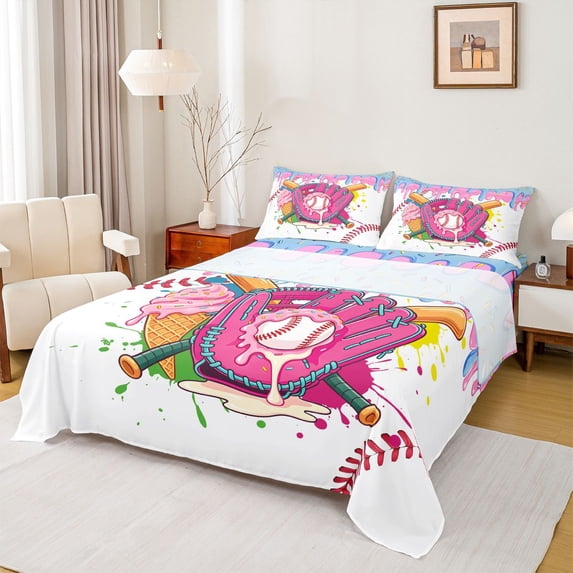 Feelyou Summer Ice Cream Baseball Bed Sheets for Girls, Pink Glove Drip ...